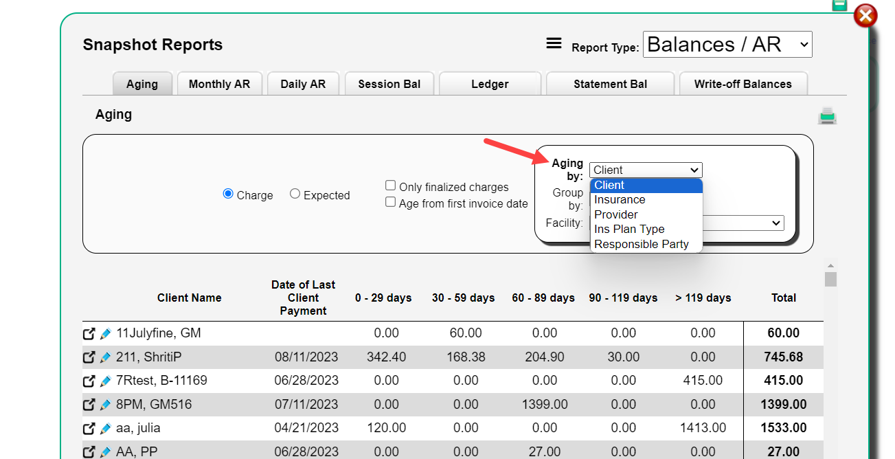 Balance Aging Report – Therabill